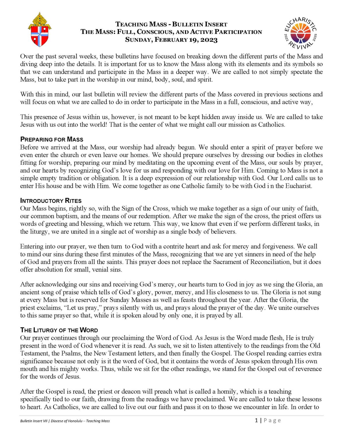 Teaching Mass – Bulletin Inserts – Cathedral Basilica of Our Lady of Peace